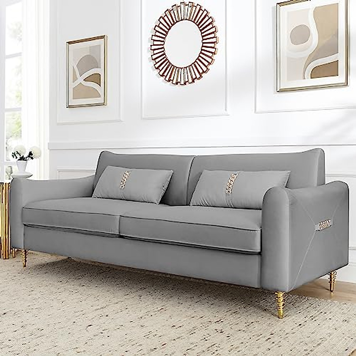 Goohome Tufted Couch, Chesterfield Velvet Upholstered 3-Seater Comfy Sofa, Living Room Furniture Sets, with Solid Wood Frame and Gold Legs, Fit for Bedroom, Office, A-Gray a