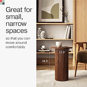 Round Fluted Accent Side Table - Small Drink Table - Living Room Furniture - Modern Home and Bedroom Decor - Pedestal Side Table with a Solid Oak Base (Burl Walnut Finish)