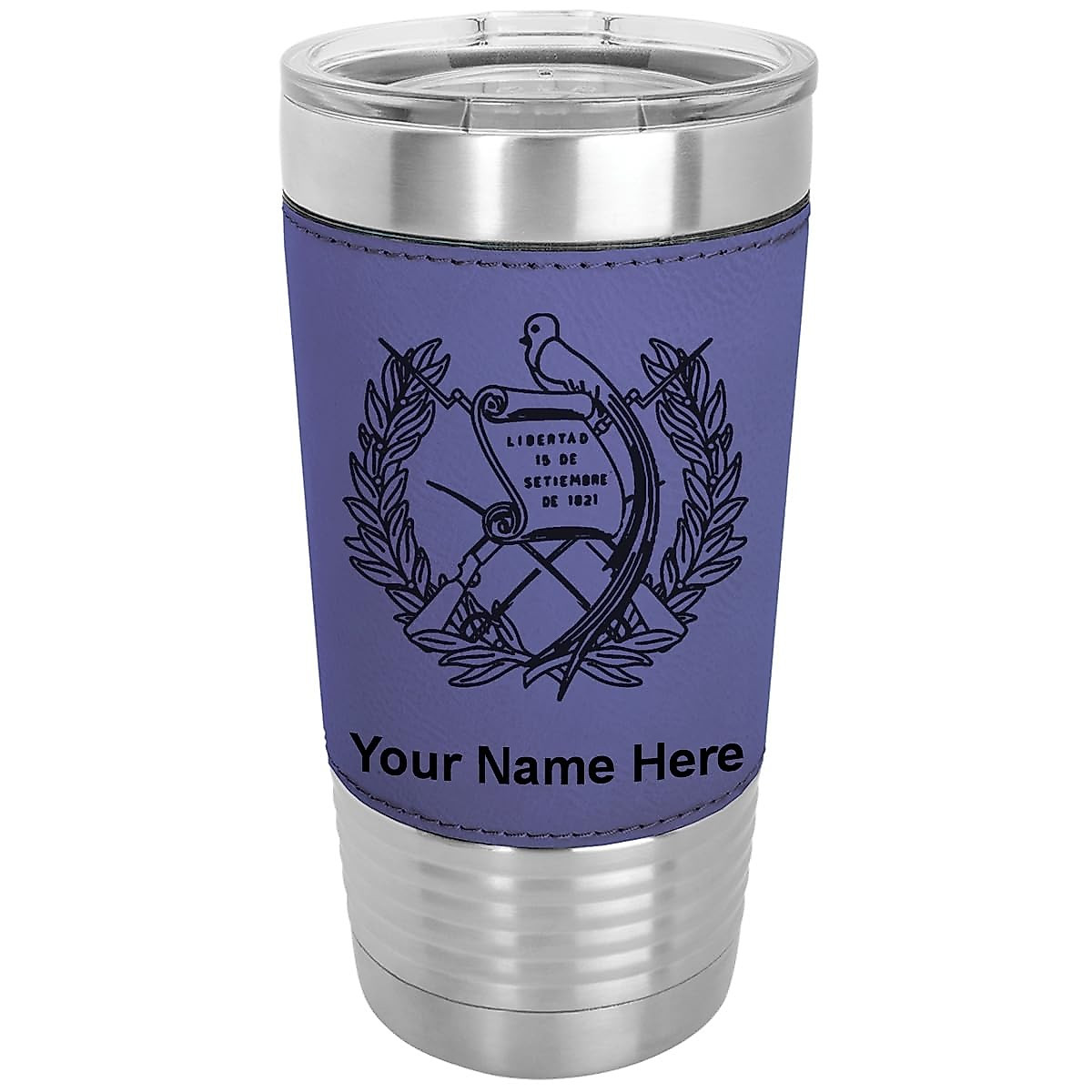 LaserGram 20oz Vacuum Insulated Tumbler Mug, Flag of Guatemala, Personalized Engraving Included (Faux Leather, Dark Purple)