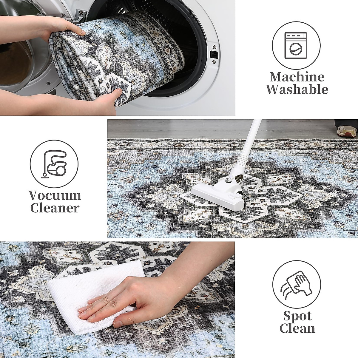 COZYLOOM Area Rug 2x6 Washable Hallway Runner Rug Non-Slip Entryway Laundry Rug Runner Non Shedding Floor Carpet Vintage Rugs for Hallway Bedroom Kitchen Bathroom, Blue/Grey