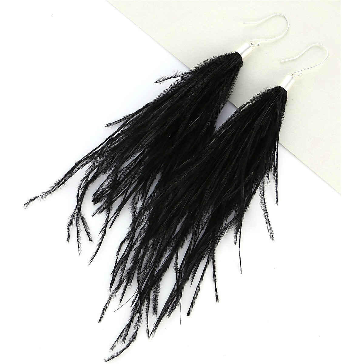 Black Feather Women Earrings Bohemian Long Drop Black Light Wedding Accessories (Black, silver-plated-base)