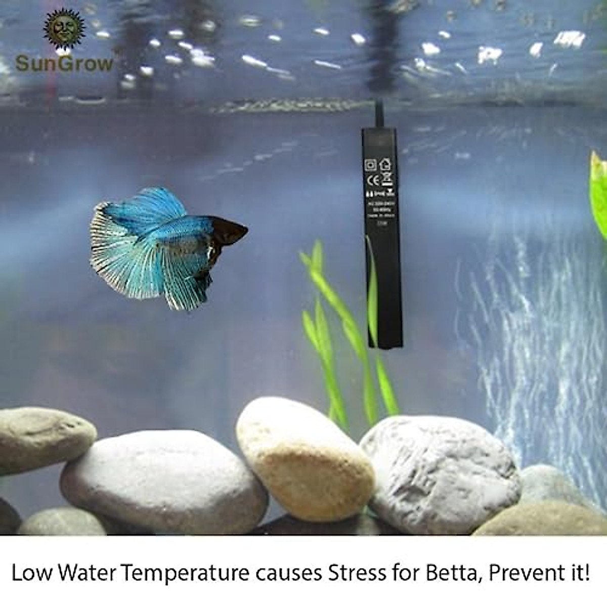 SunGrow Halfmoon Betta Heater, 10 Watts, for Small Tanks, Fully Submersible Aquarium Heater, Automatically Reaches Preset Temperature, Energy-Efficient Heating Module, Suction Cups Included