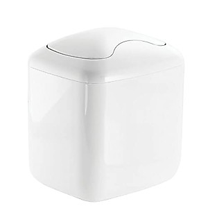mDesign Plastic Square Mini Wastebasket Trash Can with Swing Lid for Bathroom Vanity, Makeup Table, Inside Cabinet, Cupboard - Holds Garbage, Waste, Recycle - Aura Collection - White