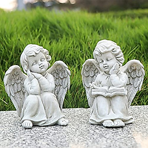 DKJOCKY Resin Statue Cherubs Angel Statue Yard Decorations Outdoor, Angel Figurines Fairy Garden Accessories, Halloween Angels Figurines Memorial Gifts, 2 Packs