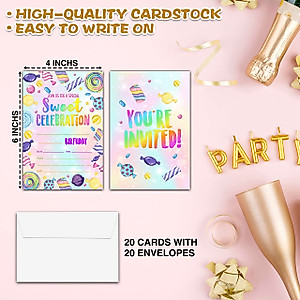 Chuxvon Sweet Celebration Birthday Party Invitations, Sweet Candy Birthday Invitation, Double-Sided Rainbow Tie Dye Fill In Invites, Kids Birthday Party Decorations, 20 Cards With 20 Envelopes(C11)