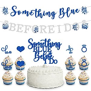 Something Blue Before I Do Banner Glitter with Cake Topper and Cupcake Toppers - Something Blue Bridal Shower Decorations,Bridal Shower Banner for Blue Bachelorette Wedding Engagement Party Supplies