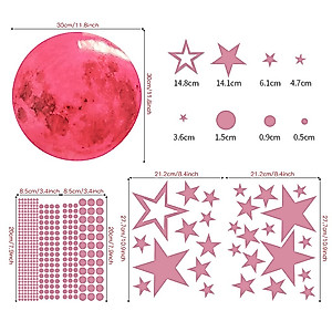Glow in The Dark Stars and Moon Stickers for Ceiling, Luminous Wall Decals Decor for Bedroom Living Room, 407 dots + 27 Stars + 30cm Moon (Pink)