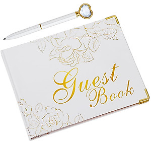 JEWPHX Guest Book with Pen– 9"x7" Hardcover 120 Page/60 Sheets-Gold Foil Gilded Edgesfor Guests to Sign at a Wedding, Party, Baby or Bridal Shower(White)