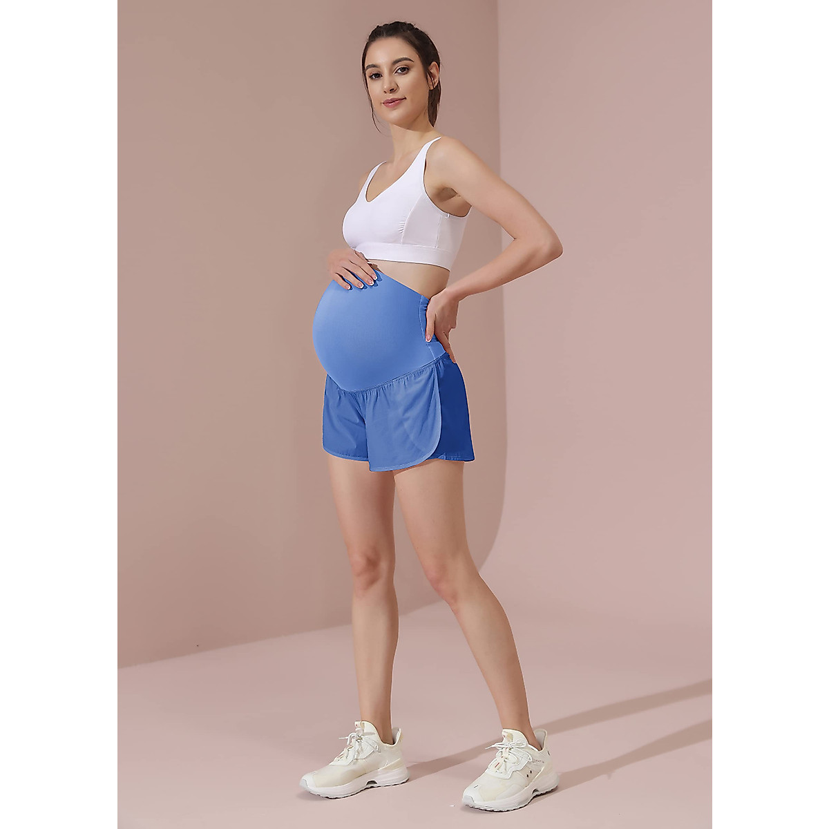 Maacie Women Maternity Layered Fast Drying Yoga Shorts with Liner Inner Pocket Hydrangea Blue