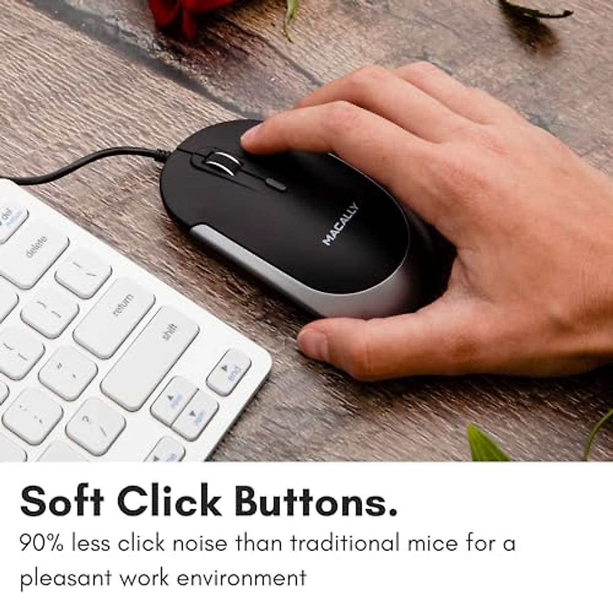 Macally Silent Wired Mouse - Slim & Compact USB Mouse for Apple Mac or Windows PC Laptop/Desktop - Designed with Optical Sensor & DPI Switch - Simple & Comfortable Wired Computer Mouse (Space Gray)