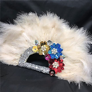 Msbfea Big Size Design African White Feather Fan Ladies Wedding Feather Fan for Bride Double Side Feather Nigerian Flower Color 125