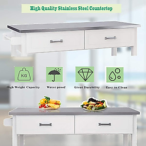 RASOO Kitchen Island White Stainless Steel Top Kitchen Cart On Wheels with 2 Drawers and Storage Shelves, 47.24"x19.68"x35.82"(LxWxH