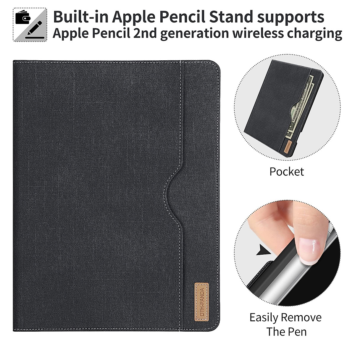 DTH-PANDA iPad Pro 12.9 Case for 6th/5th/4th/3rd Generation Case 2022 2021 2020 2018 PU Leather with Pen Holder, Folio Stand with Soft TPU Back,Auto Sleep/Wake Function (Ash Brown) (Crow Black)