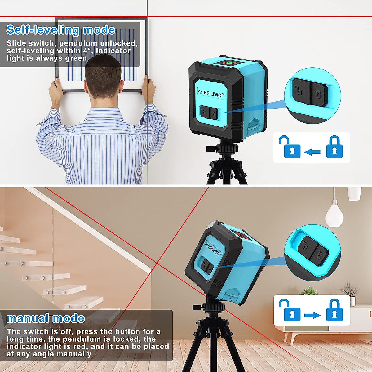 Laser Level,AHHFLJWQ 50ft Cross Line Laser with Vertical and Horizontal Line Self-Leveling,For architectural murals,Battery Included AA.