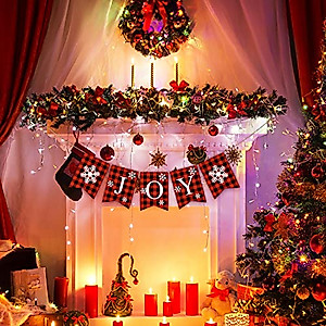 Plaid Christmas Joy Banner Cotton Burlap Christmas Rustic Bunting Banner for Christmas Hanging Decorations (Red)