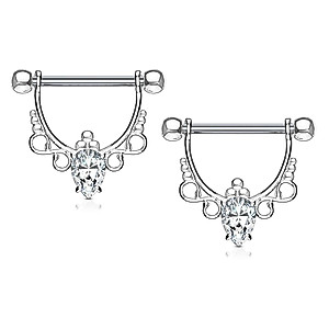 Forbidden Body Jewelry Pair of Surgical Steel 1/2 Inch D-Ring Style Fancy CZ Chandelier Dangle Nipple Barbells, Silver Tone