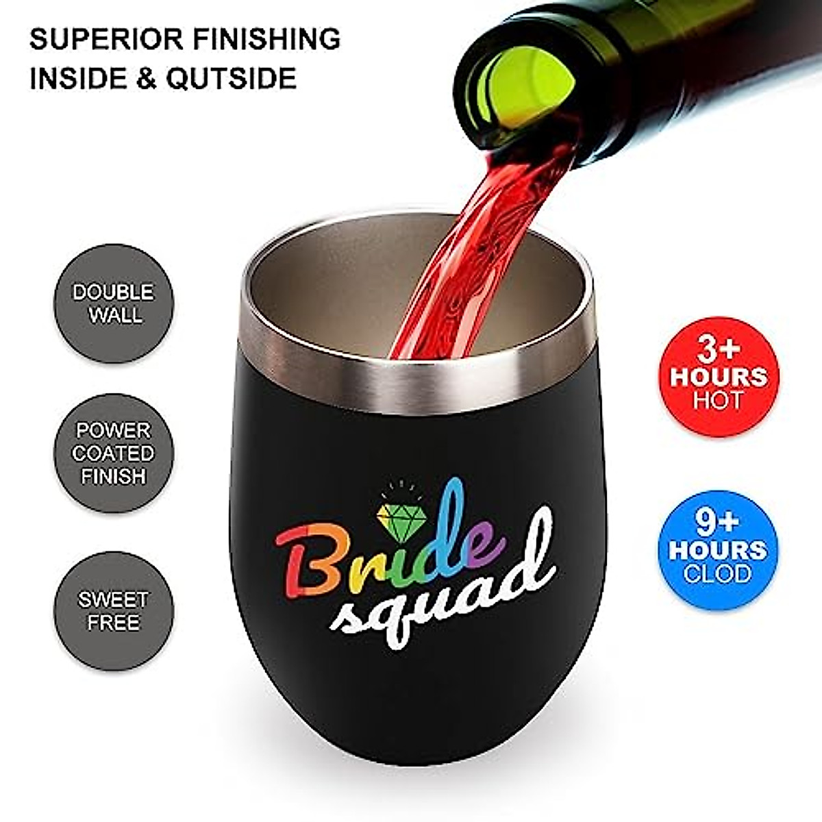 Mighun LGBT Pride Gay Lesbian Wine Tumbler with Lid Bride Squad Rainbow Lgbtq Vacuum Coffee Tumbler Stainless Steel Coffee Cup for Cold & Hot Drinks Wine Coffee Cocktails Beer 12 Oz