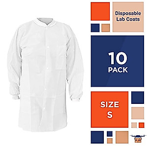 EZGOODZ White Disposable Lab Coat Small, Pack of 10 Unisex Disposable Lab Coats for Adults, SPP 45 GSM Painting Lab Coat Disposable, Plastic Lab Coats with Snaps Front, Knit Cuffs, Collar, 3 Pockets