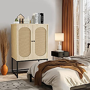 Lamerge Natural Rattan Cabinet Set of 2,Sideboard Buffet Cupboard Accent Cabinet with 2 Door,Adjustable Shelves,Free Standing Bookmatch,High Cabinet,RusticOak Beige