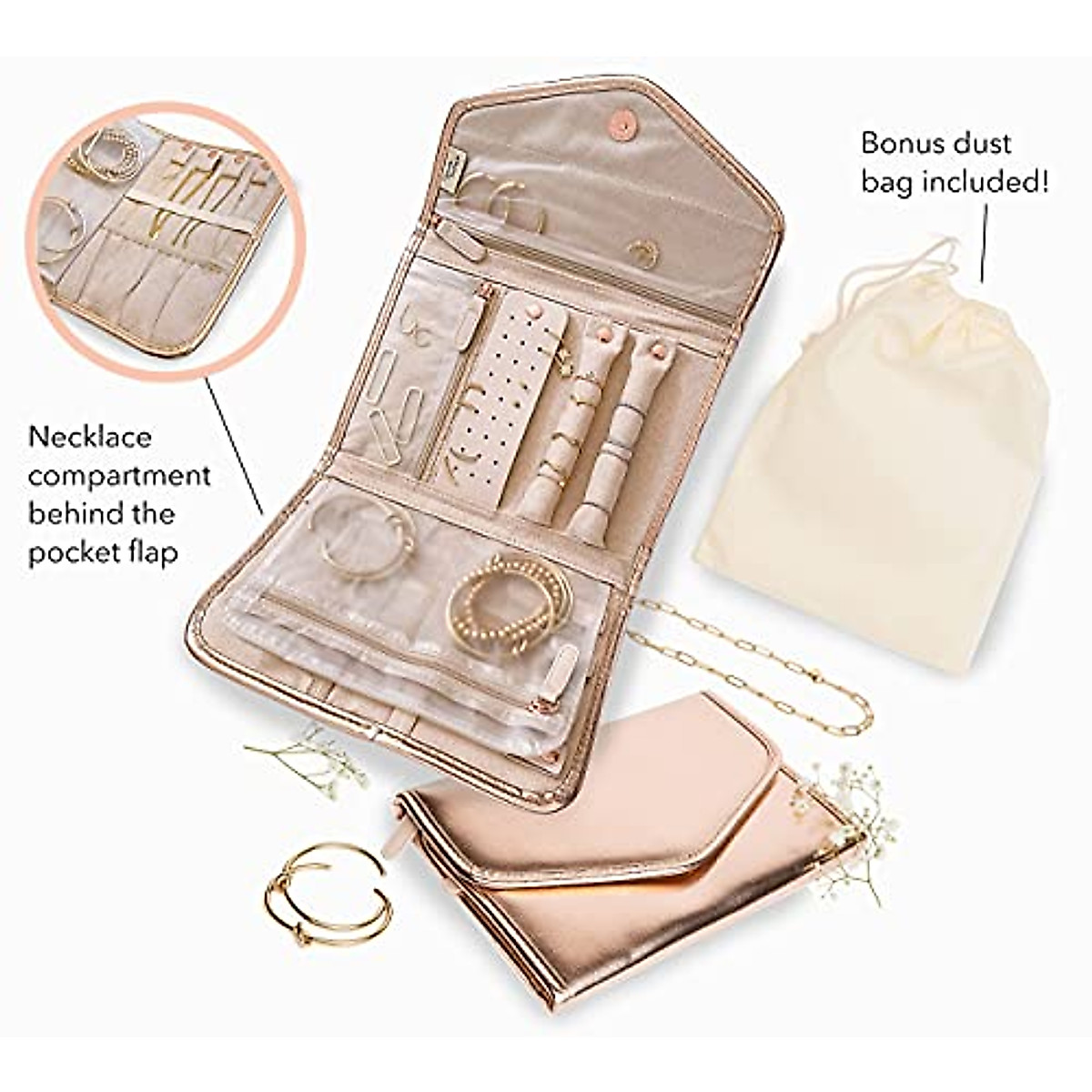 Altitude Boutique Travel Jewelry Organizer Roll Foldable Jewelry Case for Journey Packing Vacation-Rings, Necklaces, Bracelets, Earrings (Rose Gold, Medium)