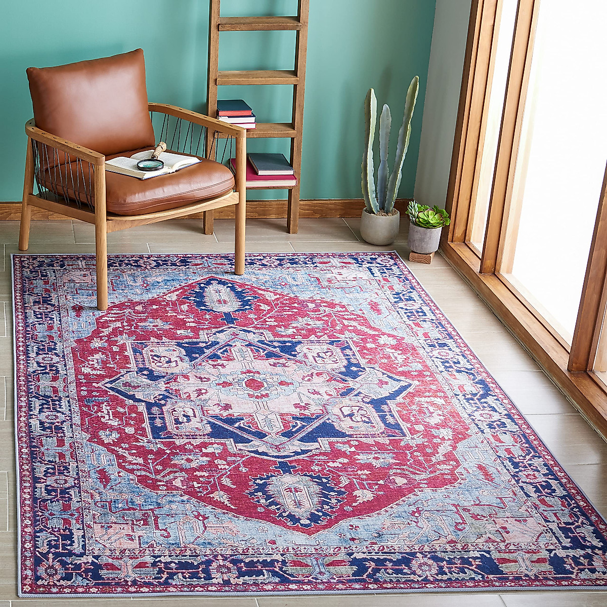 SAFAVIEH Tucson Collection Accent Rug - 3' x 5', Red & Navy, Persian Design, Non-Shedding Machine Washable & Slip Resistant Ideal for High Traffic Areas in Entryway, Living Room, Bedroom (TSN108Q)
