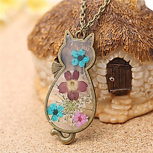 MXXGMYJ Multicolor Dried Flower Necklace for Women Cute Cat Pendant Necklace Pressed Flower Necklace Nature Gifts for Women Cat Lovers