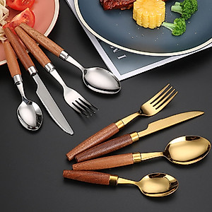 Silverware set for 16, 64 pcs Walnut handle 18/10 Stainless Steel Flatware set Wood Forks Spoons and Knives set Home Kitchen Wedding Restaurant Cutlery Utensils Set