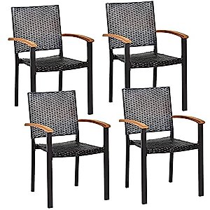 Tangkula 4 Pieces Stackable Patio Rattan Chair, Outdoor PE Wicker Dining Armchair W/Galvanized Steel Frame, Acacia-Topped Armrests, Indoor & Outdoor Wicker Chair for Patio Table, Yard (2, Mix Brown)