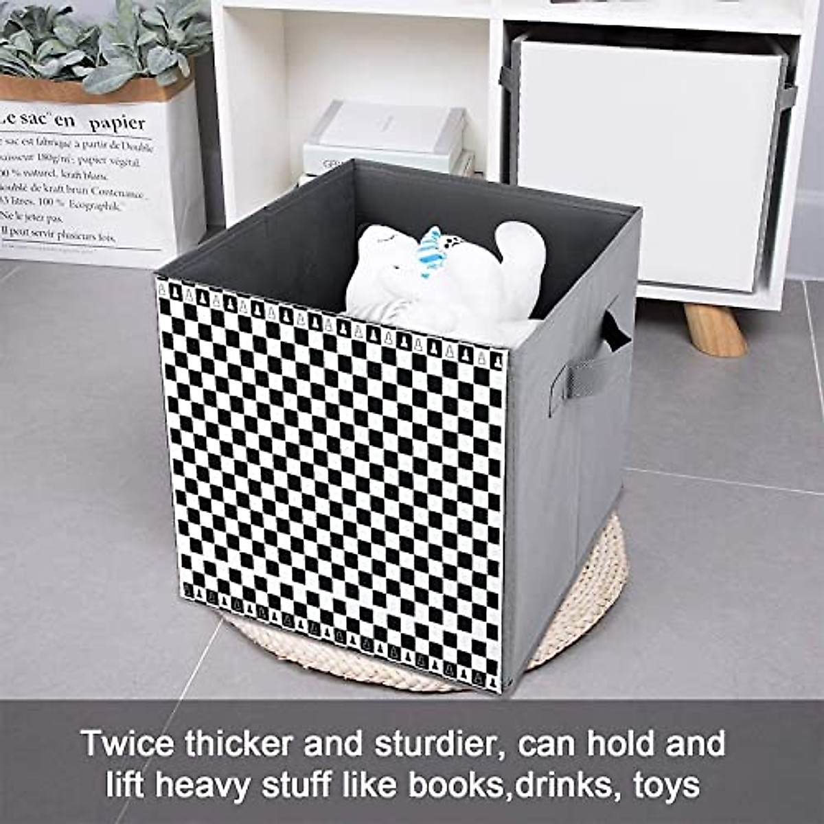 International Chess Black White Checkerboard Foldable Storage Bins Printd Fabric Cube Baskets Boxes with Handles for Clothes Toys, 11x11x11