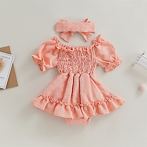 Socutebabe Baby Girl Smocked Romper Dress Vintage Dresses Bubble Onesie Cute Summer Clothes Outfit with Headband 6-12 Months Boho Pink