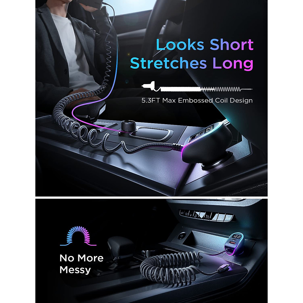 LISEN USB C 96W Super Fast Car Charger PD& QC3.0 with 5.3ft 36W Type C Coiled Cable,Car Phone Charger Adapter for iPhone 15 Pro Max Plus, Samsung Galaxy S24/S23/S22,Android, iPad Pro