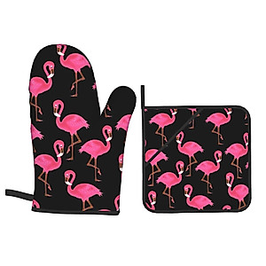 YILEQUAN Lovely Pink Flamingos Print Oven Mitts and Pot Holders Sets,Kitchen Oven Glove High Heat Resistant 500 Degree Oven Mitts and Potholder,Surface Safe for Baking, Cooking, BBQ,Pack of 4