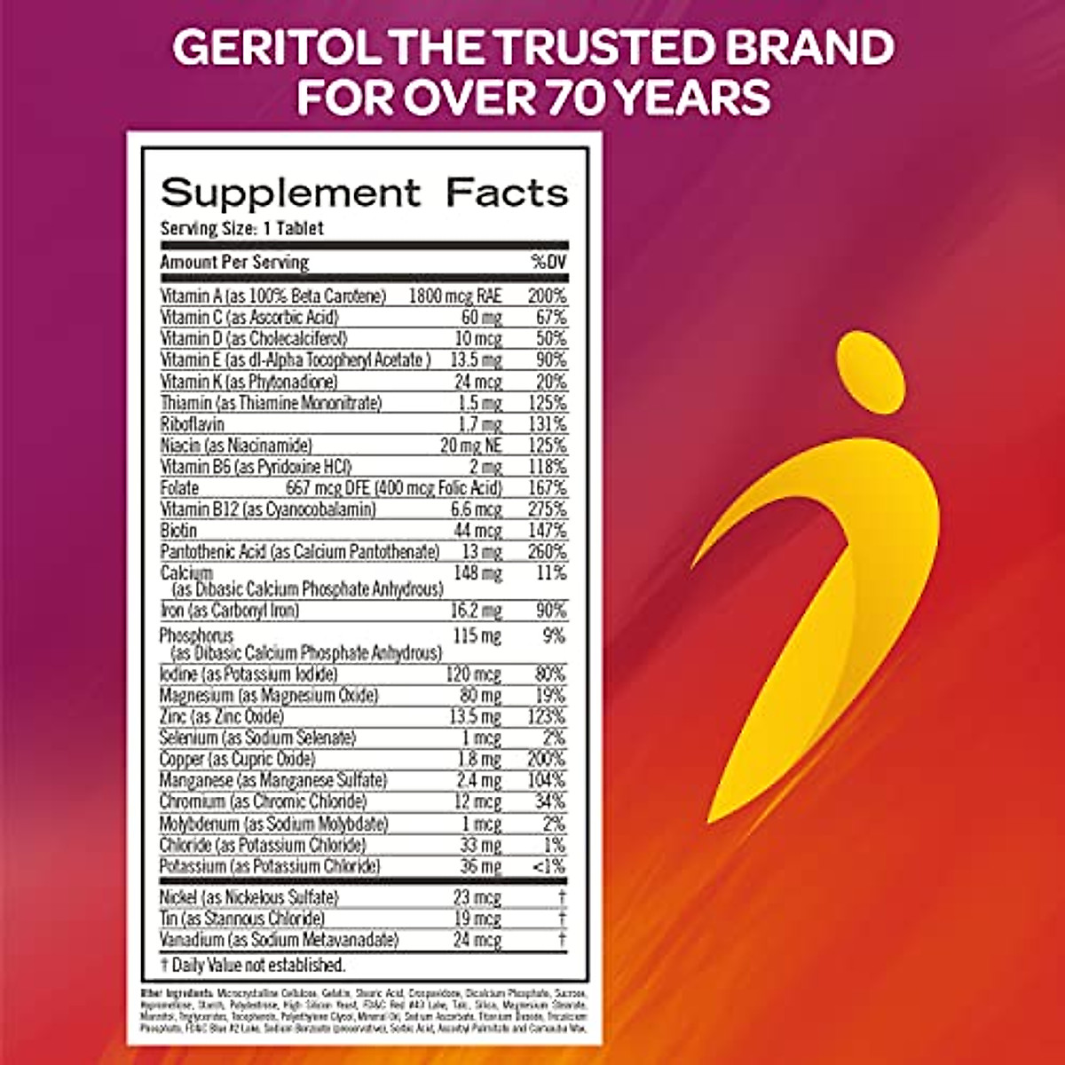 Geritol, Multivitamin Supplement, Contains B-Vitamins, Antioxidants, Vitamins C, E & D and Iron, 26 Essential Vitamins and Minerals, Gluten-Free, Non-GMO, No Artificial Sweeteners, 40 Tablets