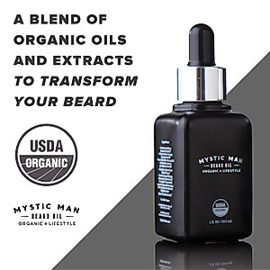 Mystic Man Organic Premium Beard Oil - (Promotes Growth, Softens and Strengthens Beard & Mustache), USDA Organic, Leave-In Conditioner with Sandalwood, and Jojoba Oil, 1.0 Fl oz.