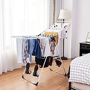 Tangkula Clothes Drying Rack, Collapsible Laundry Rack with Hanging Rods, Shoe Hangers, Adjustable Gullwing and Foldable Design for Space-Saving, Stainless Steel Clothing Shelf
