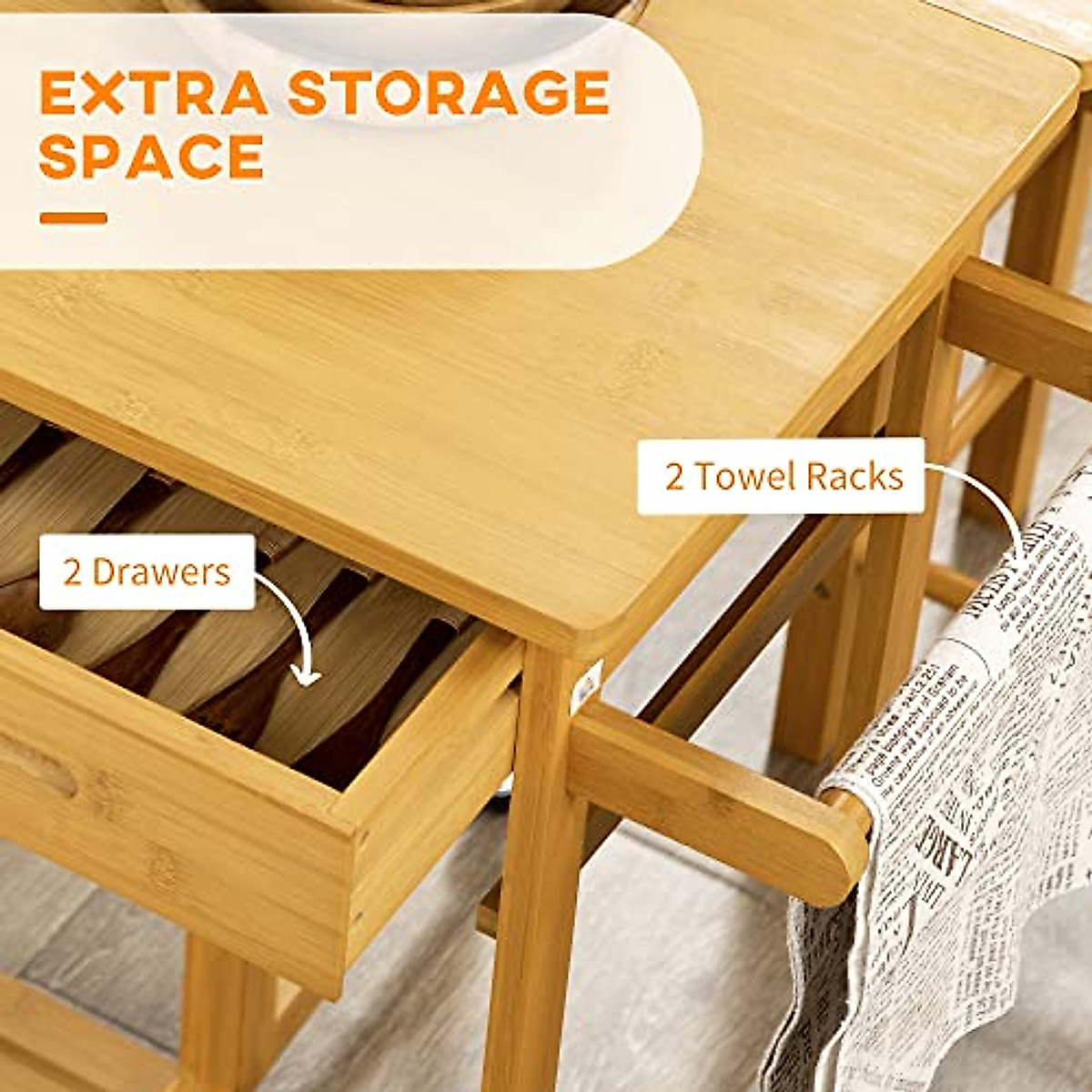 HOMCOM Foldable Dining Table Set with 2 Square Stools and 2 Drawers, Bamboo Drop Leaf Breakfast Cart, Mobile Kitchen Island Trolley Cart on Wheels, Brown