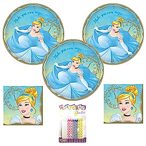 Disney Princess Cinderella Party Supplies Pack Serves 16: 9" Plates and Luncheon Napkins with Birthday Candles (Bundle for 16)