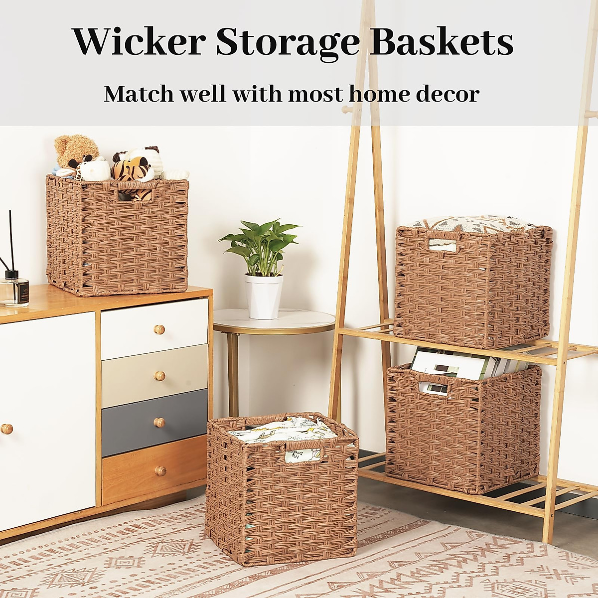 DULLEMELO Wicker Baskets for Shelves 11x11 Foldable Plastic Woven Cube Storage Bins Set of 4 Waterproof Woven Storage Bins with Handles for Pantry,Closet, Cabinet, Toys - Brown