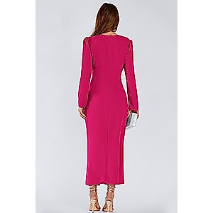 PRETTYGARDEN Women's Fall Fashion 2023 Long Puff Sleeve Maxi Dresses V Neck Twist Front Formal Dress with Slit (Rose Red,Medium)