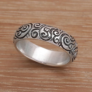 NOVICA Artisan Handmade Sterling Silver Band Ring 925 Swirling Fern from Indonesia No Stone [band Width 5 mm W] ' Destiny Engraved'