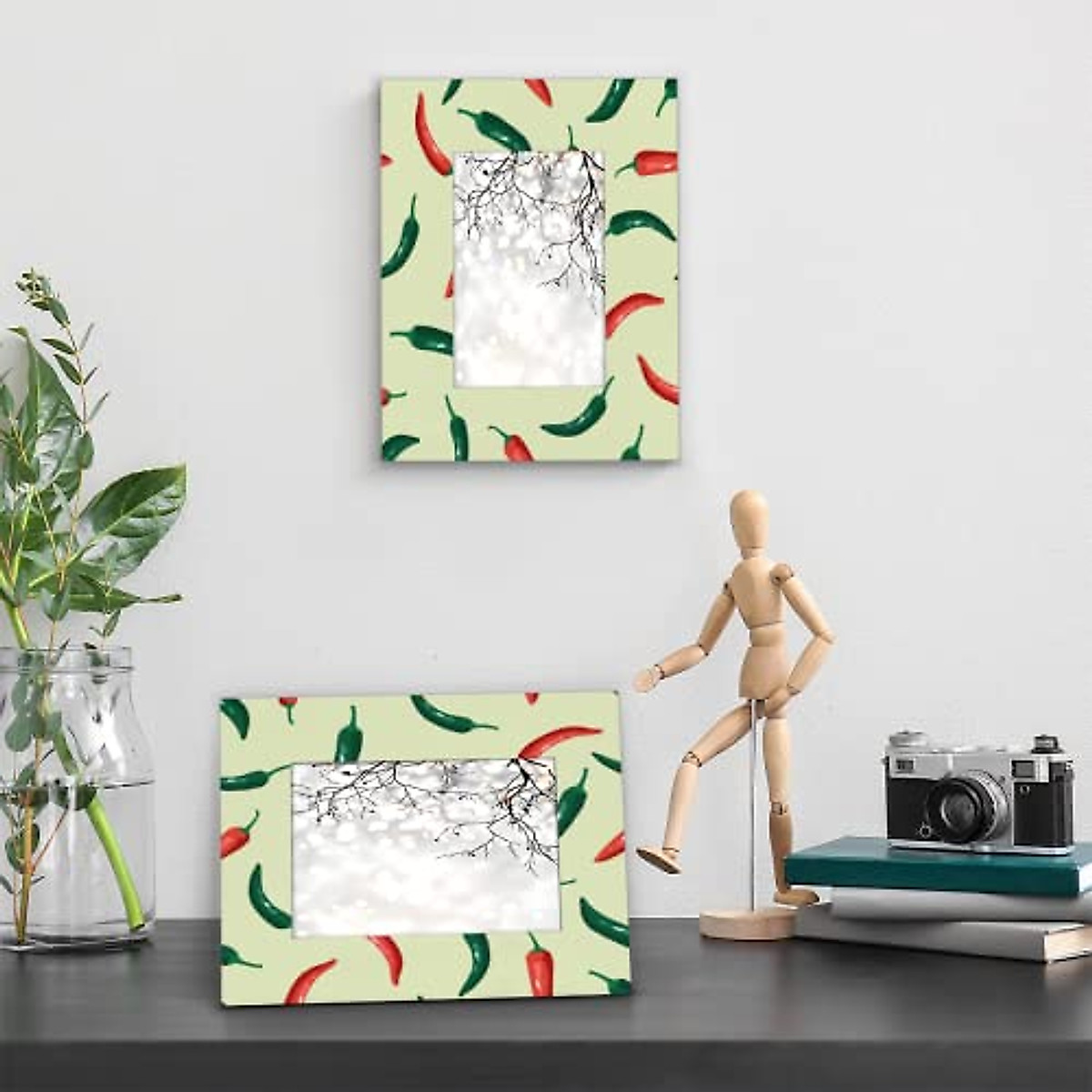 Pardick Chilli Peppers 4x6 Picture Frame, Green Red Wooden Photo Frames for Tabletop and Wall Display, Picture Frame Home Office Decor