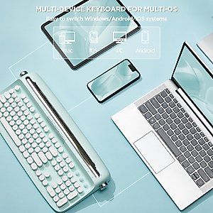 YUNZII ACTTO B503 Wireless Typewriter Keyboard, Retro Bluetooth Aesthetic Keyboard with Integrated Stand for Multi-Device (B503, Sweet Mint)