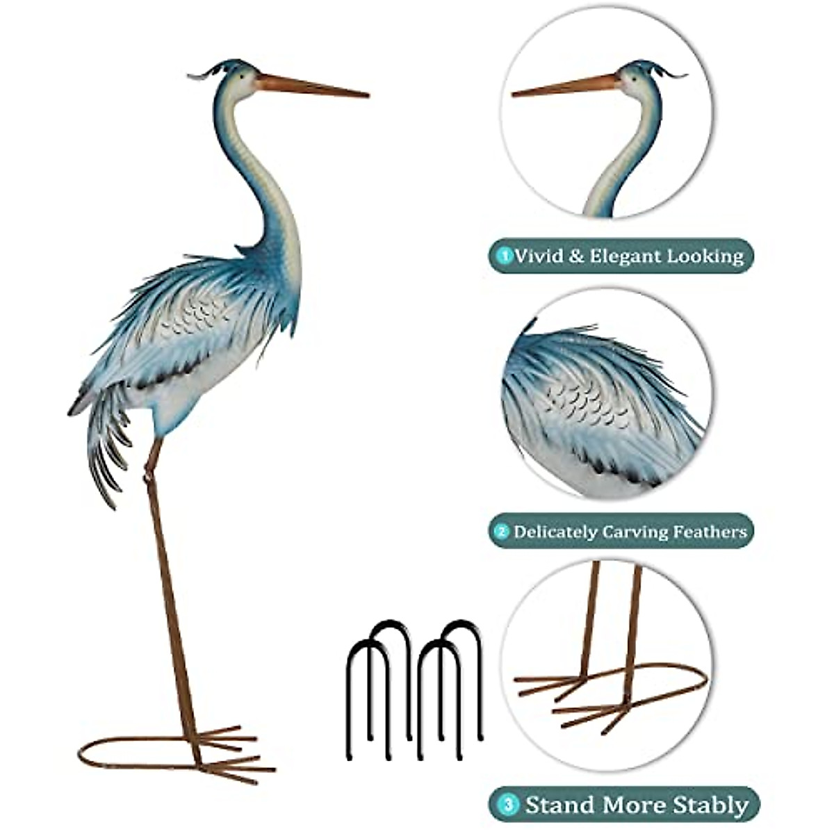 TERESA'S COLLECTIONS Large Blue Heron Garden Statues, 41.7-43.7 inch Standing Crane Sculpture Metal Yard Art Bird Decor Lawn Ornaments for Outdoor Patio Porch Outside Decorations, Set of 2