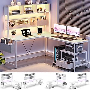 Dowinx L Shaped Desk with Pegboard and Removable Filing Cabinet, Reversible 67” Computer Gaming Desk with Power Outlet and Led, Office Corner Desk with Storage for Home Game, White