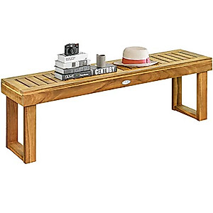 Tangkula 52 Inches Acacia Wood Patio Bench, Wood Dining Bench with Slatted Seat, Patio Backless Bench for Garden Backyard Poolside Balcony, Ideal for Outdoors & Indoors (1, Teak)