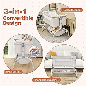 BABY JOY Baby Bassinet, 3-in-1 Rocking Bassinet w/Storage Basket, Double-Lock Design, 7 Adjustable Heights, Soft Mattress & Portable Travel Bag, Bassinet Bedside Sleeper for Newborns Infants (Beige)