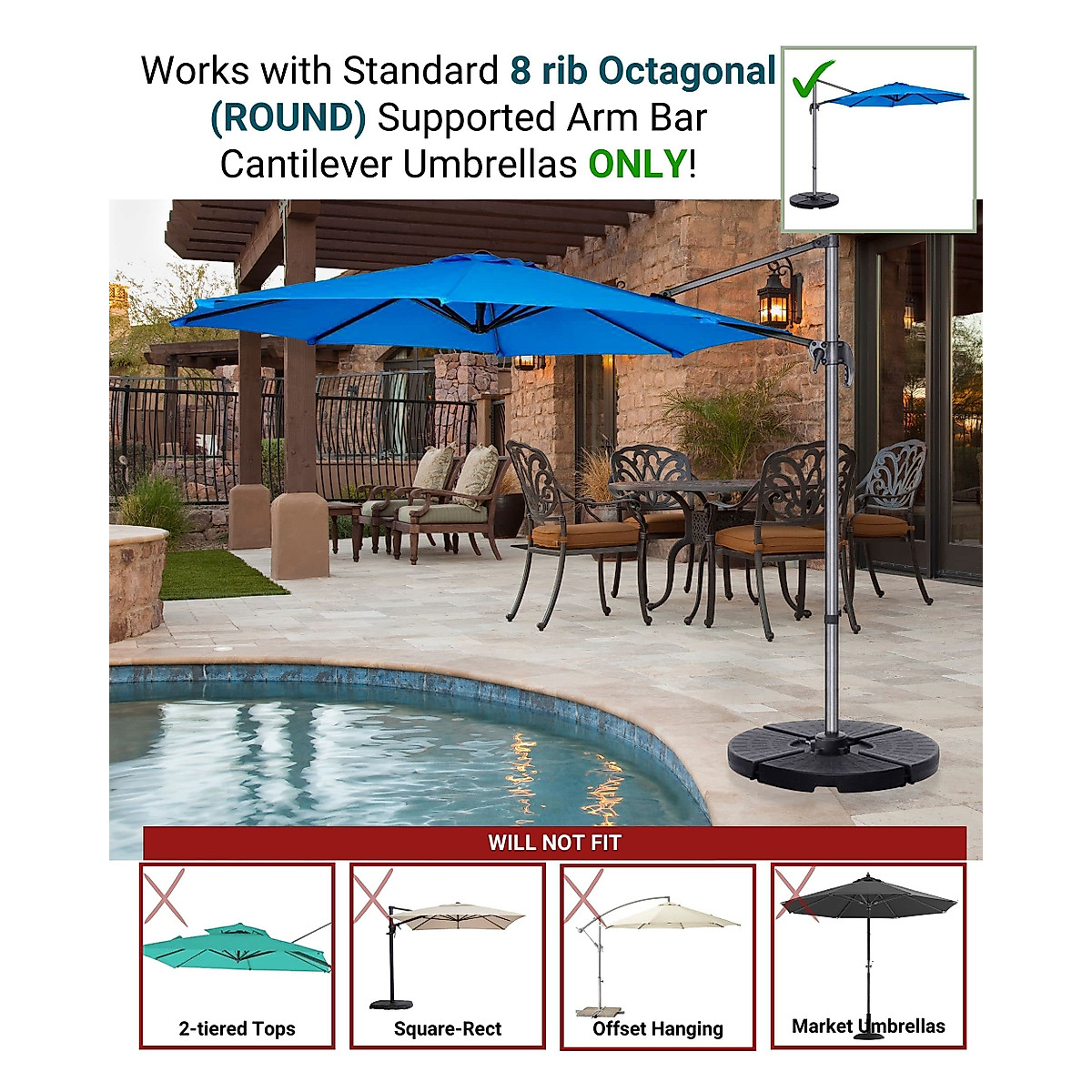 Formosa Covers Replacement Umbrella Canopy for 11ft 8 Rib Supported Bar Cantilever Market Outdoor Patio in Capri Blue Rib Length 64" to 66" Premium Vibrant Olefin Fabric (Canopy Only) (11ft 8 ribs)