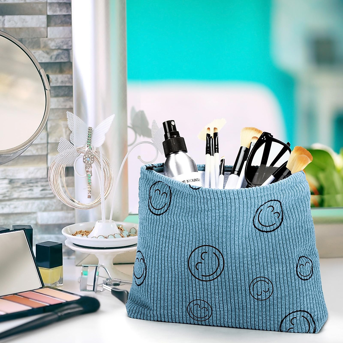 3 Pcs Smile Face Makeup Bag Corduroy Cosmetic Bag 3 Sizes Aesthetic Preppy Makeup Bags for Women Teen Girls Corduroy Toiletry Pouch Travel Smile Dots Bags Washable Skincare Bag (Light Blue Grey)
