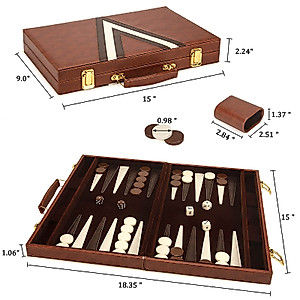 AMEROUS Backgammon Set, 15'' Folding Classic Board Game with Leather Case, Gift Package, Instruction, Portable Travel Strategy Backgammon Game Set for Adults, Kids
