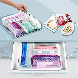 Food Bag Storage Organizer, KEPDTAI Ziplock Bag Organizer Holders Acrylic Kitchen Drawer Compatible with Ziploc, Solimo, Hefty, Glad, Gallon, Quart, Sandwich, Snack, Variety Size Bags (Clear)